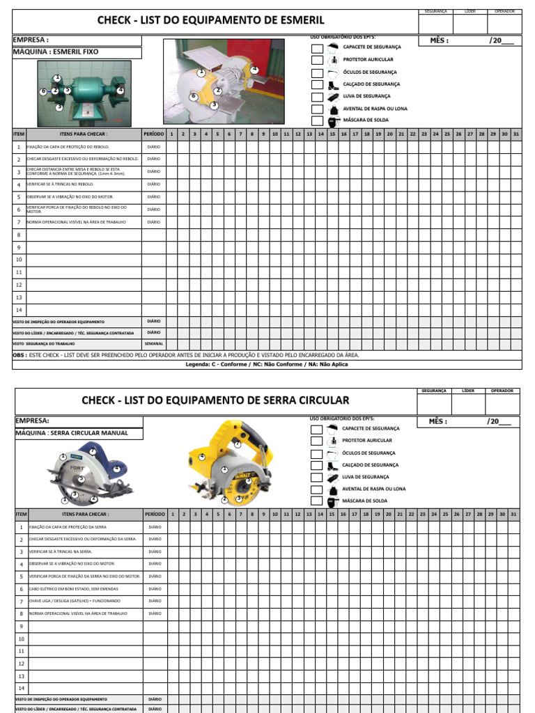 Check List de Máquinas e Equipamentos (Em Branco) | PDF | Capacete ...