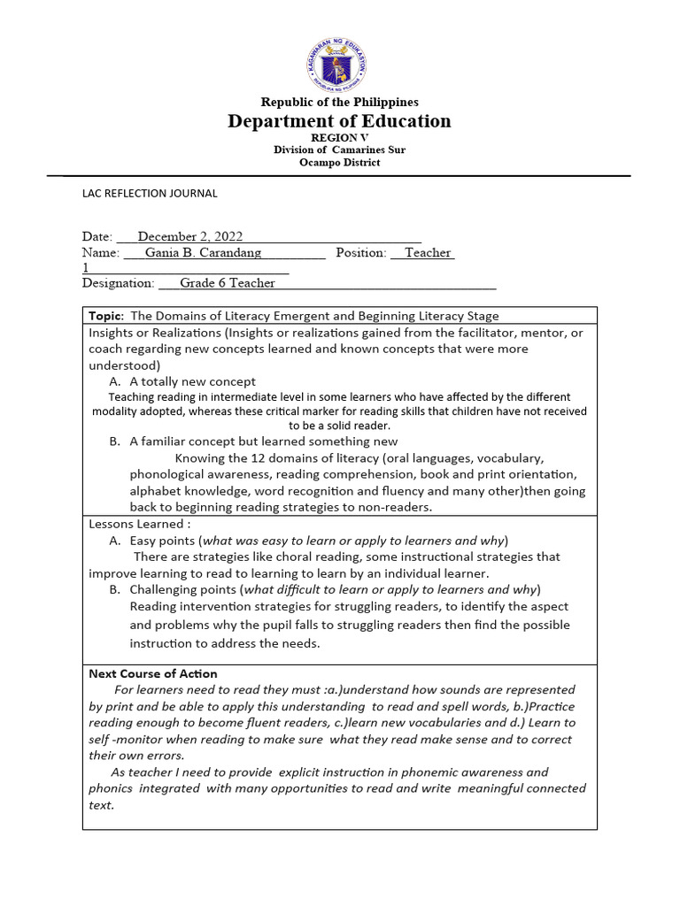 Lac Reflection Journal | PDF | Literacy | Cognitive Psychology