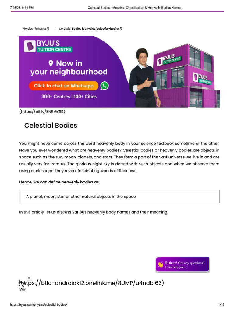 Celestial Bodies - Meaning, Classification & Heavenly Bodies Names | PDF