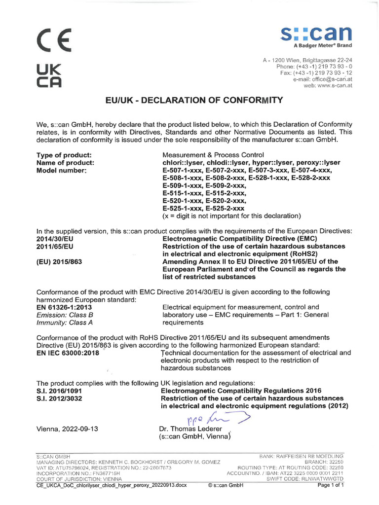 CE UKCA DoC Chlorilyser Chlodi Hyper Peroxy 20220913 | PDF