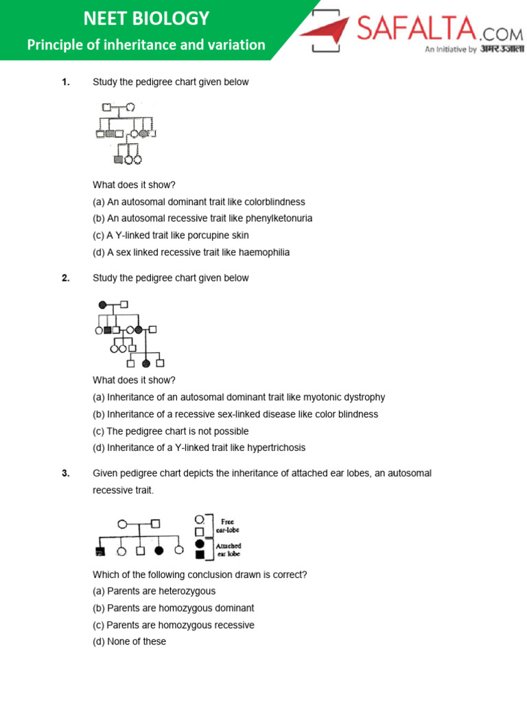 NEET Pedigree Analysis Practice Questions | PDF | Dominance (Genetics ...