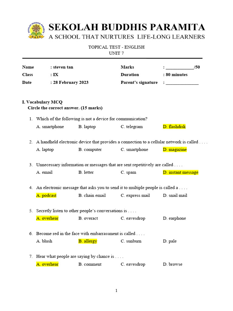 Steven Tan - English Topical Test Unit 7-Jhs 3 | PDF