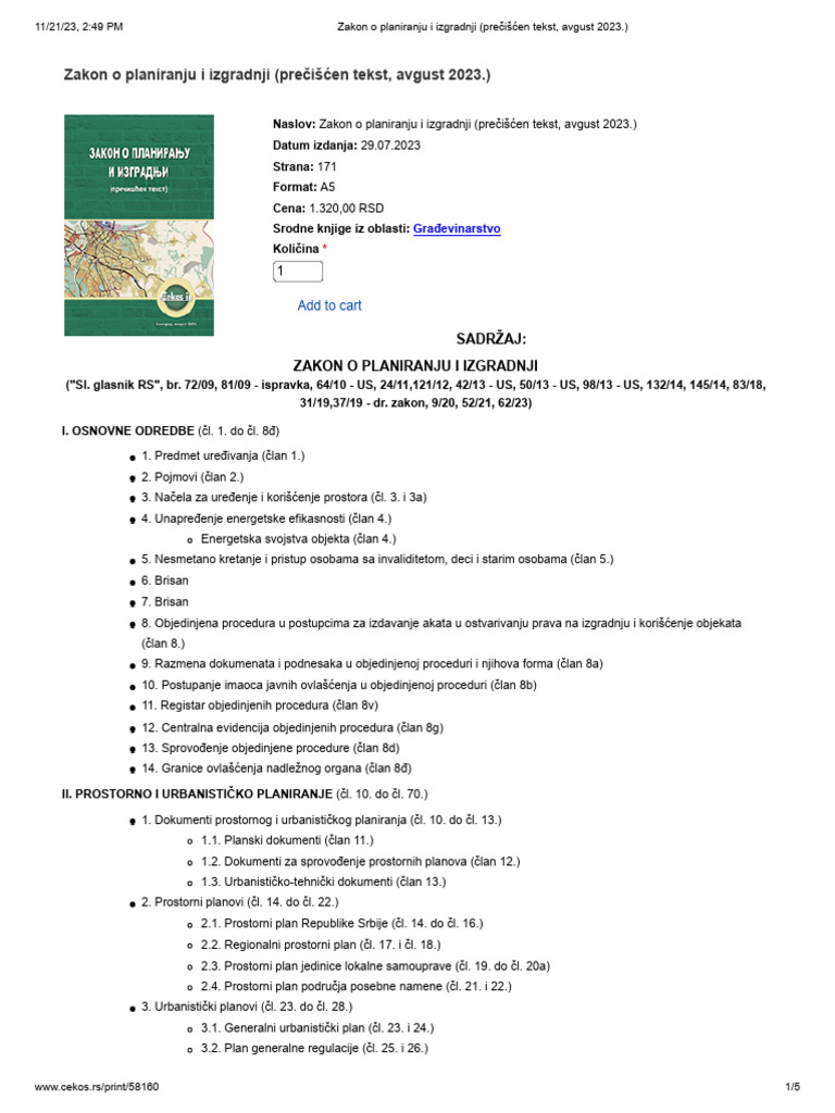 Zakon o Planiranju I Izgradnji (Prečišćen Tekst, Avgust 2023.) | PDF