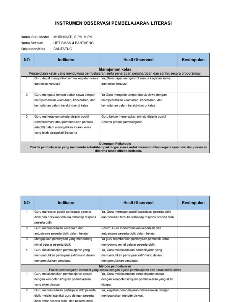 Instrumen Observasi Pembelajaran (Literasi) - 1 | PDF | Karier & Perkembangan | Kesehatan Holistik