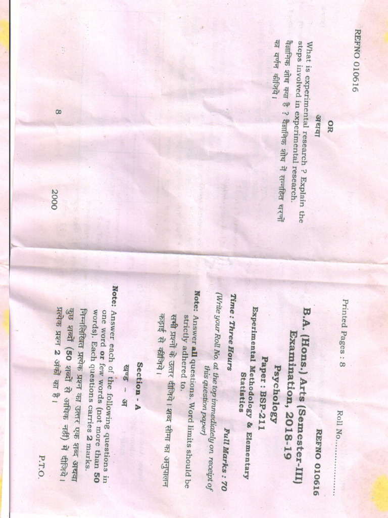 BSP-211 Experimental Methodology & Elementary Statistics, 2018-19 | PDF