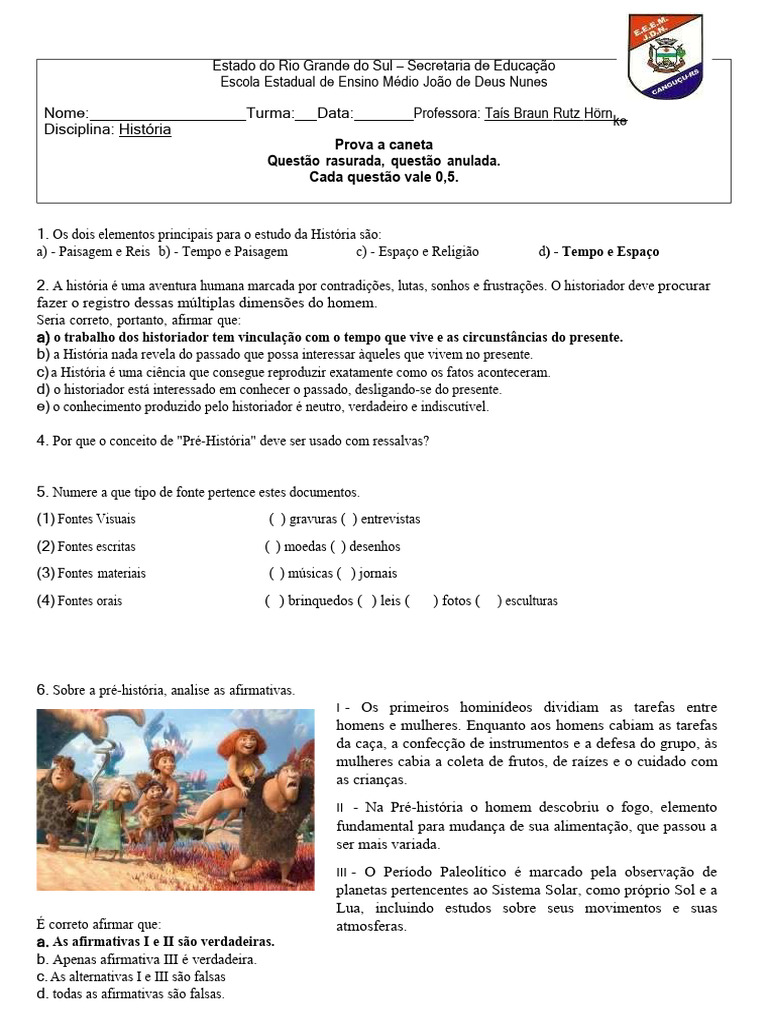 Prova Introdução A História Tempo E Pré Gabarito Pdf Humano Evolução