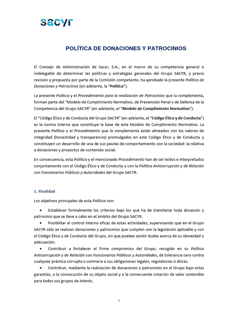 Politica De Donaciones Y Patrocinios Pdf Patrocinador Comercial