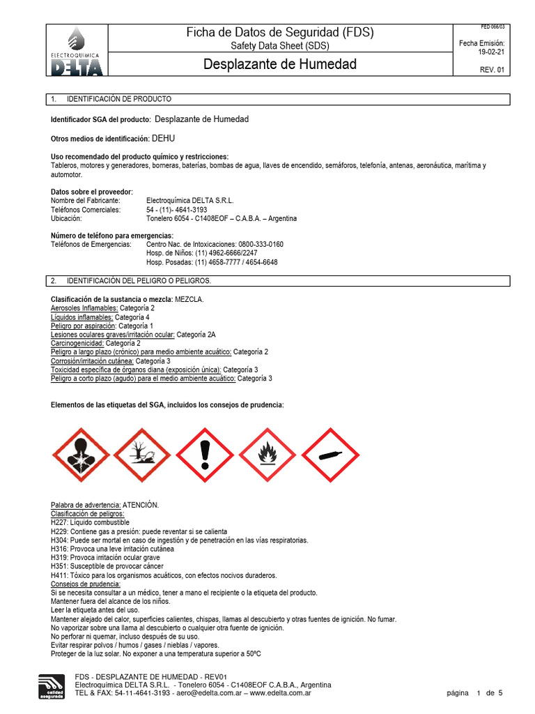 Ficha de Seguridad: Desplazante de Humedad | PDF | Agua | Combustión
