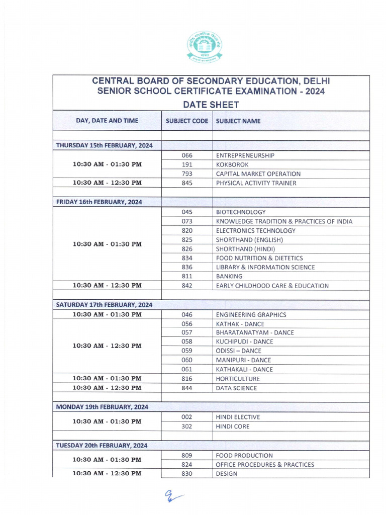 CBSE Class 12 Date Sheet | PDF