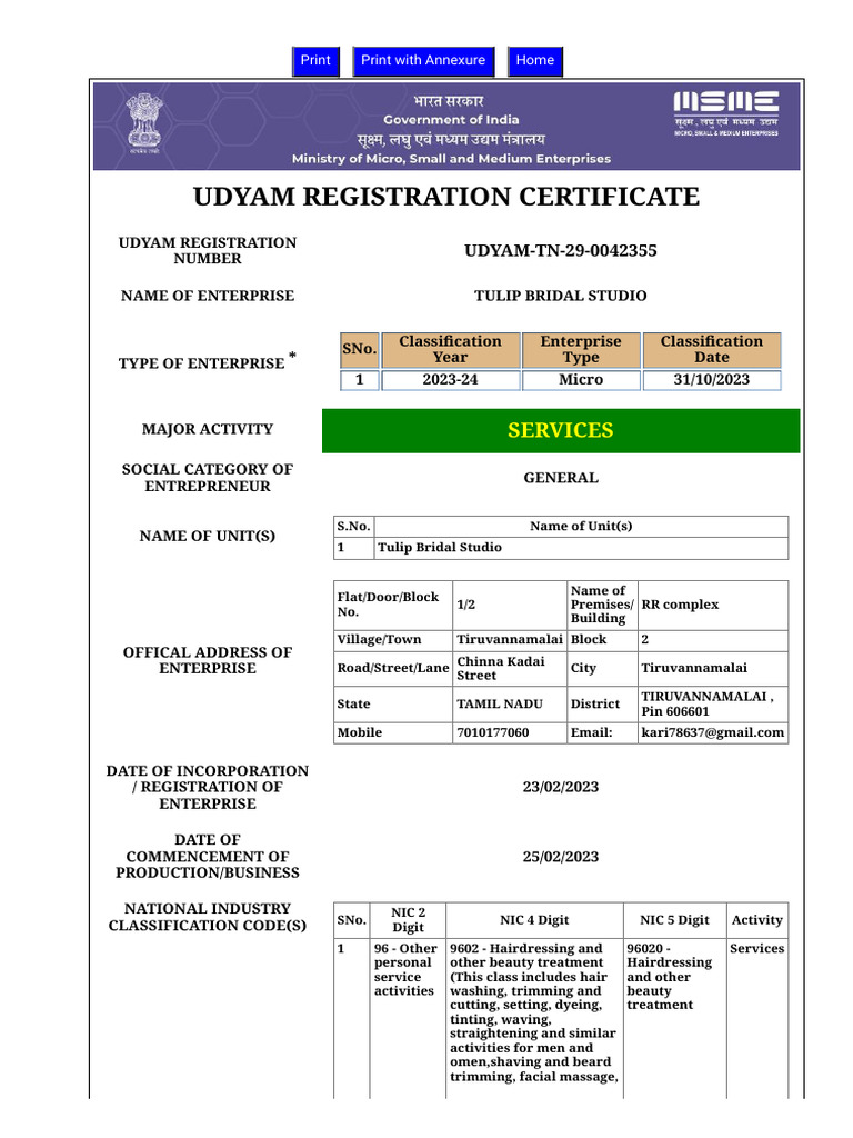 Tulip Bridal Studio Udyam Certificate | PDF | Beauty