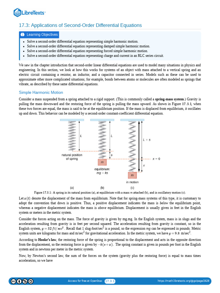 17.3: Applications of Second-Order Differential Equations: Simple ...
