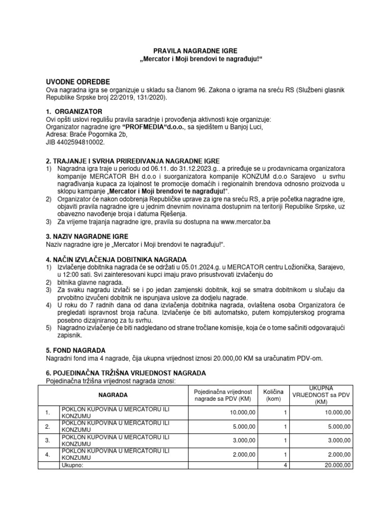 Pravila Nagradne Igre - Moji Brendovi Merkator | PDF