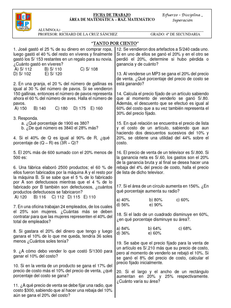 Ficha 20 - 4° Sec Raz Mat Ivb | PDF | Porcentaje