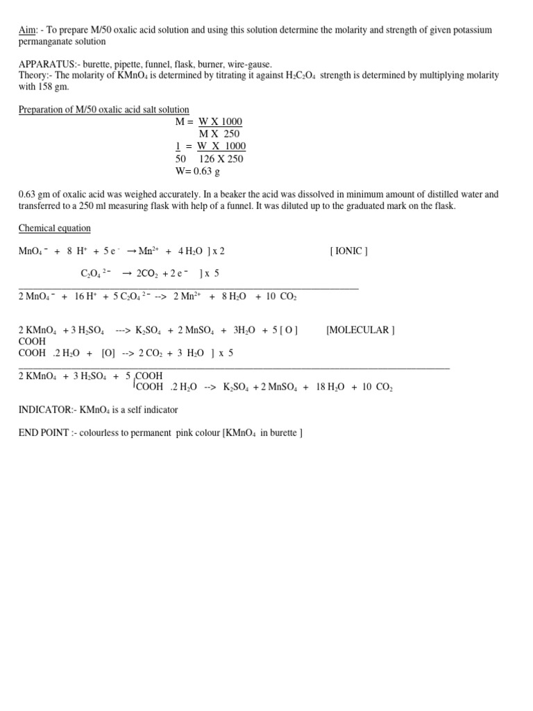 Titration of KMnO4 with Oxalic Acid | PDF | Titration | Chemistry