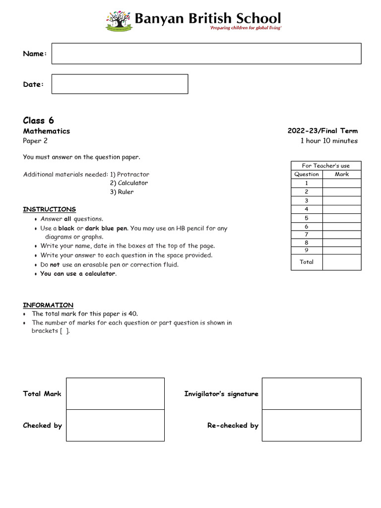 Class 6 Math Assessment Paper 2 Final Term 2023 | PDF | Mathematics