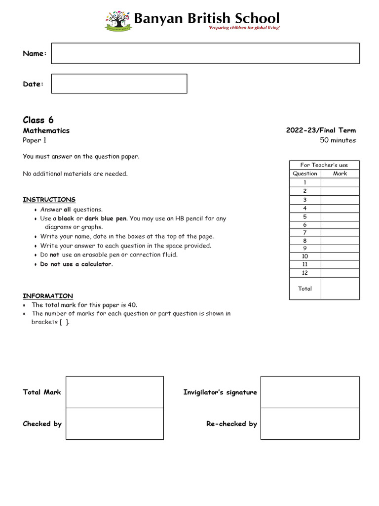 Class 6 Math Assessment Paper 1 Final Term 2023 | PDF | Area | Sphere
