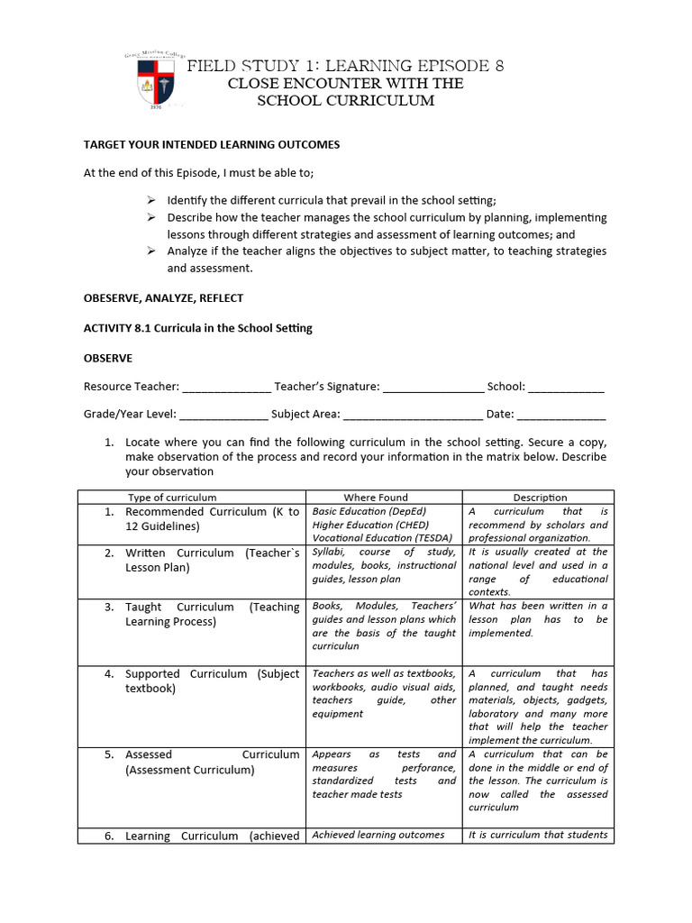 Fs1 Ep8 Updated | PDF | Curriculum | Lesson Plan
