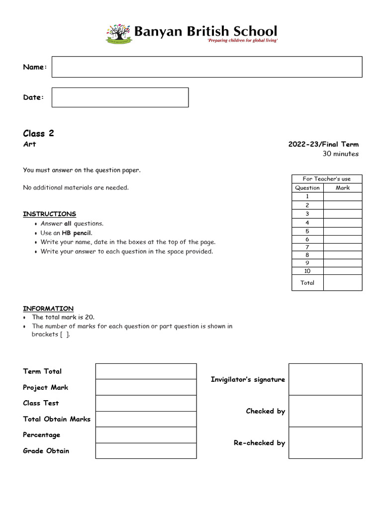 Class 2 Art Assessment Paper Final Term 2023 | PDF