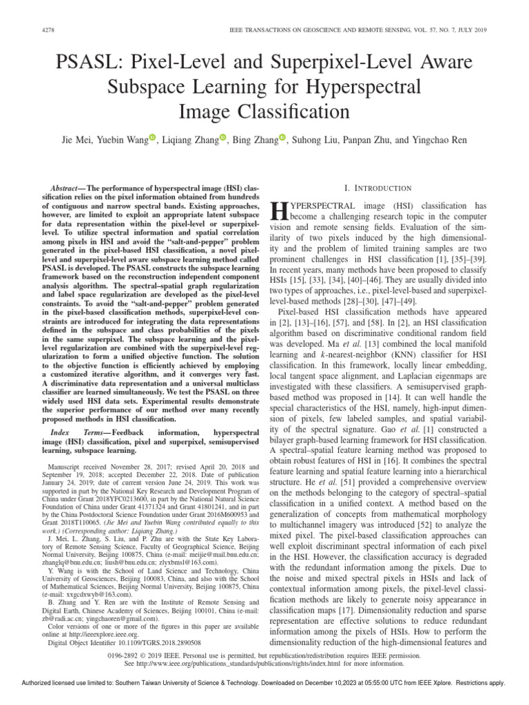 PSASL Pixel-Level and Superpixel-Level Aware Subspace Learning For Hyperspectral Image ...