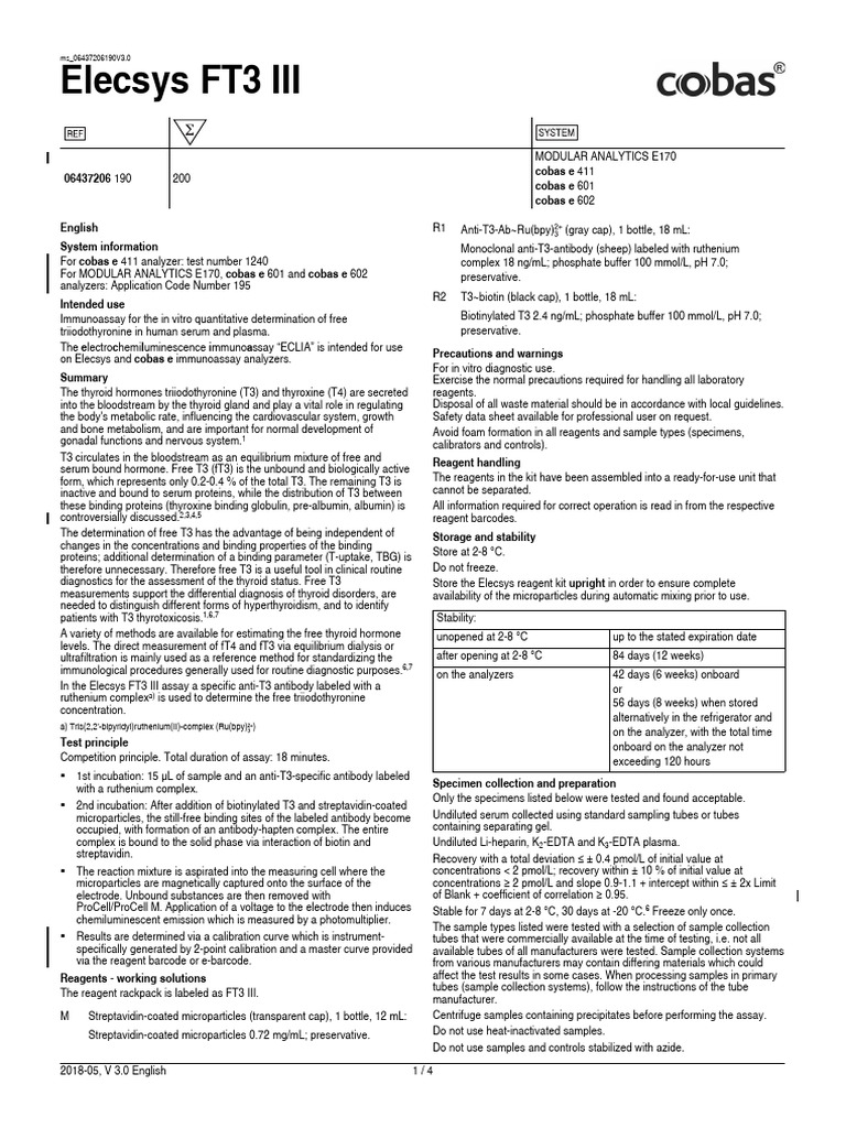 Elecsys FT3 | PDF | Detection Limit | Chemistry
