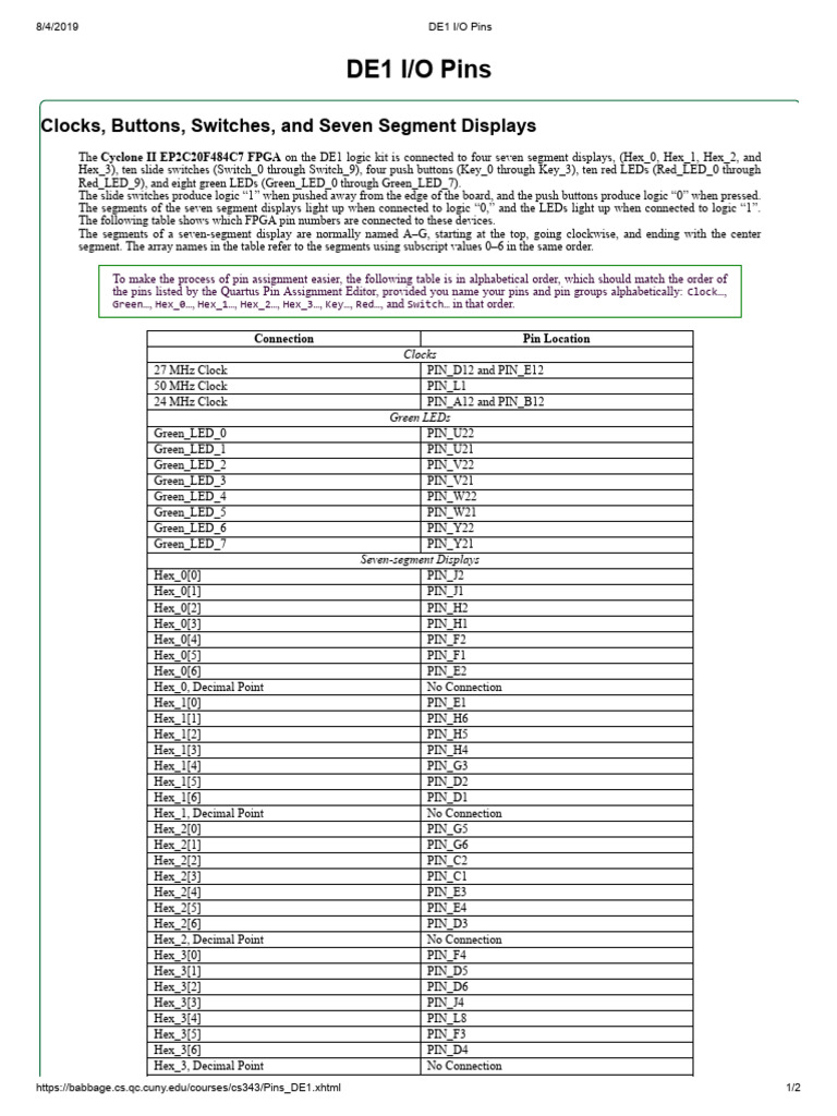 DE1 FPGA Pin Connections Guide | PDF | Design | Information And ...