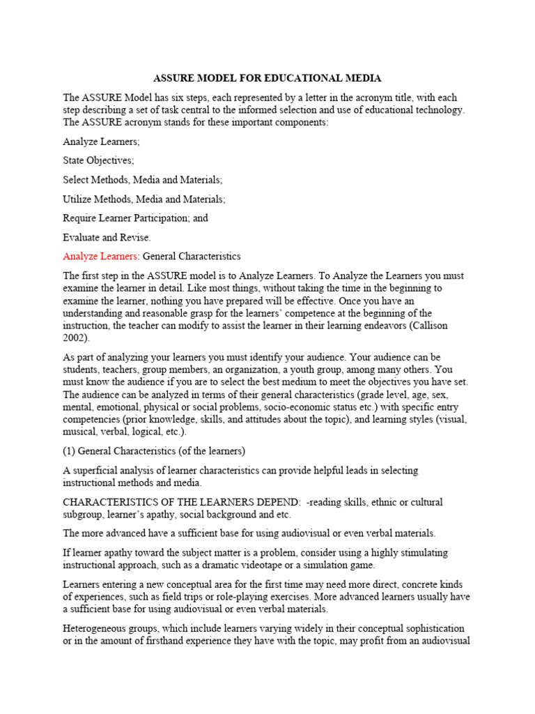 Assure Model For Educational Media | PDF | Learning | Learning Styles