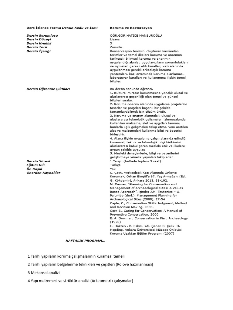 Koruma Ve Restorasyon DERS IZLENCE | PDF