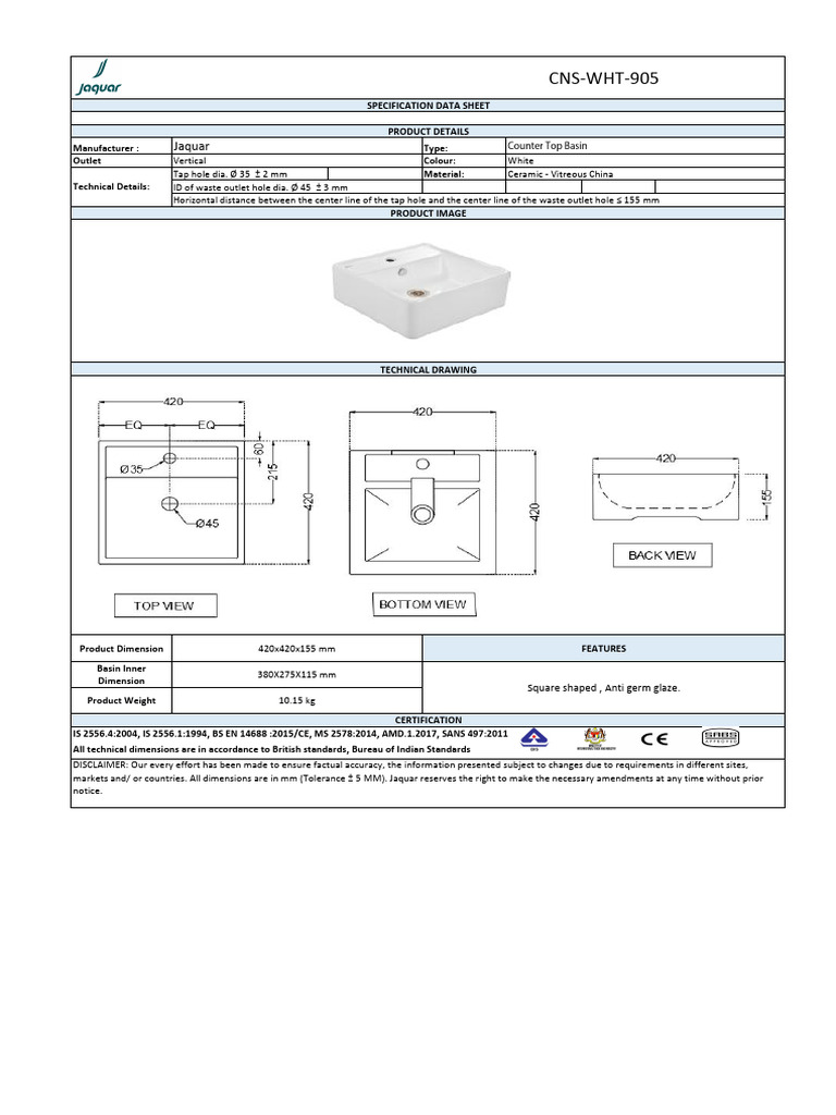 Jaquar White Ceramic Counter Basin | PDF