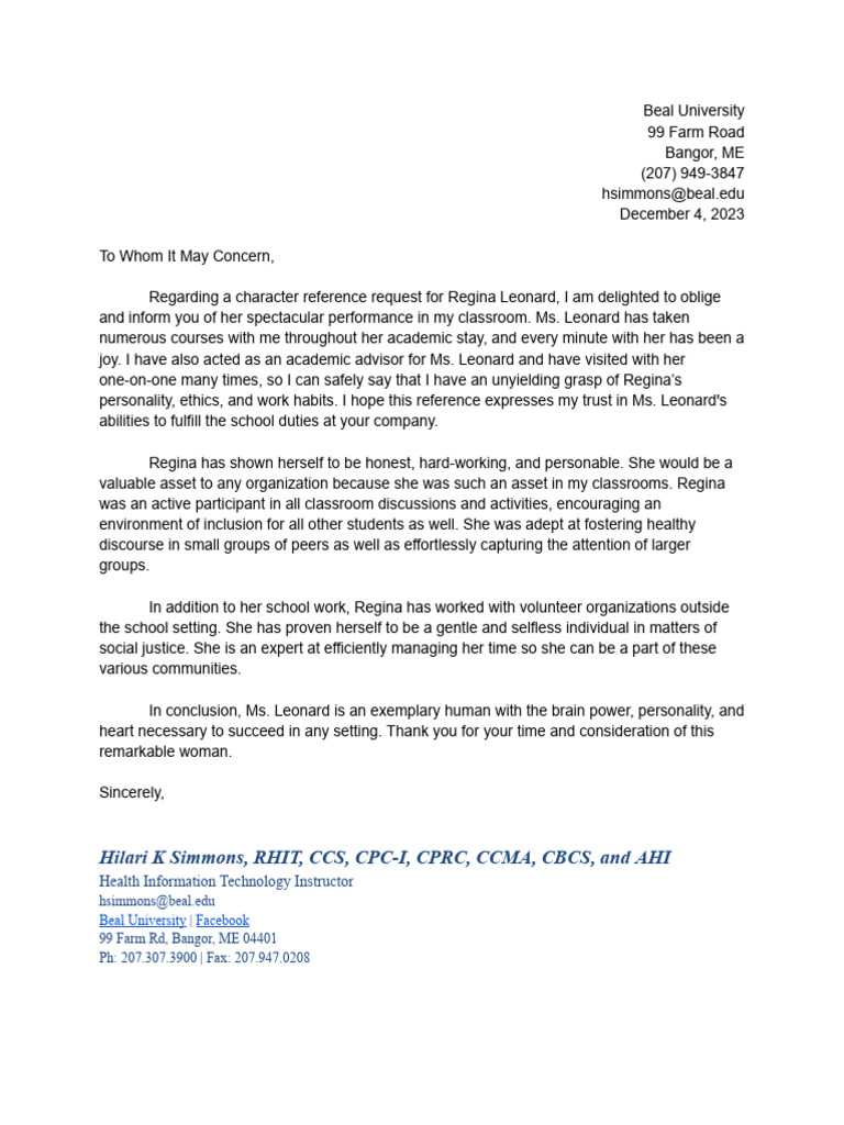 Regina Leonard-Reference Letter | PDF