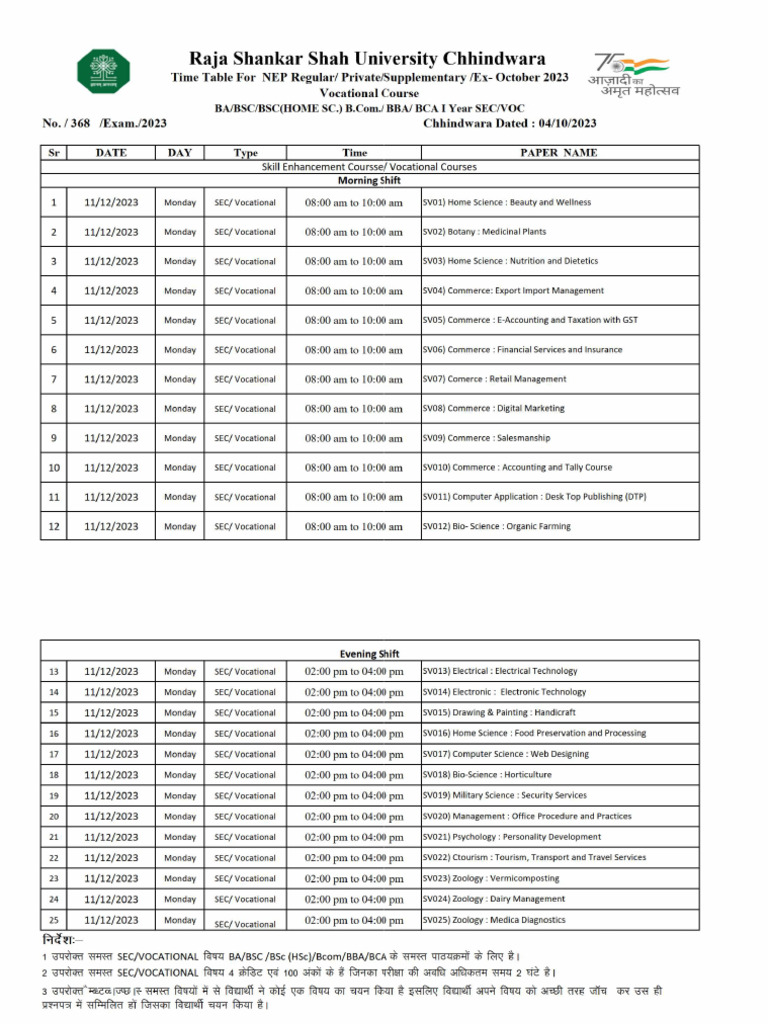 Vocational OEC Ist Year Time Table Oct 2023 | PDF
