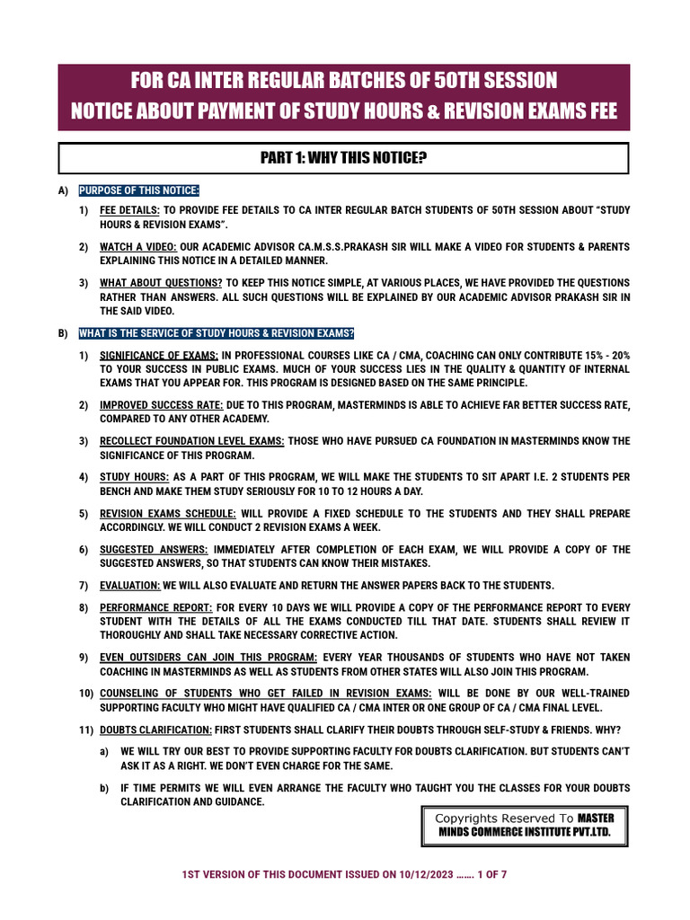 1 - CA Inter - 50th Session Regular - Revision Exams Fee Notice - 1E ...