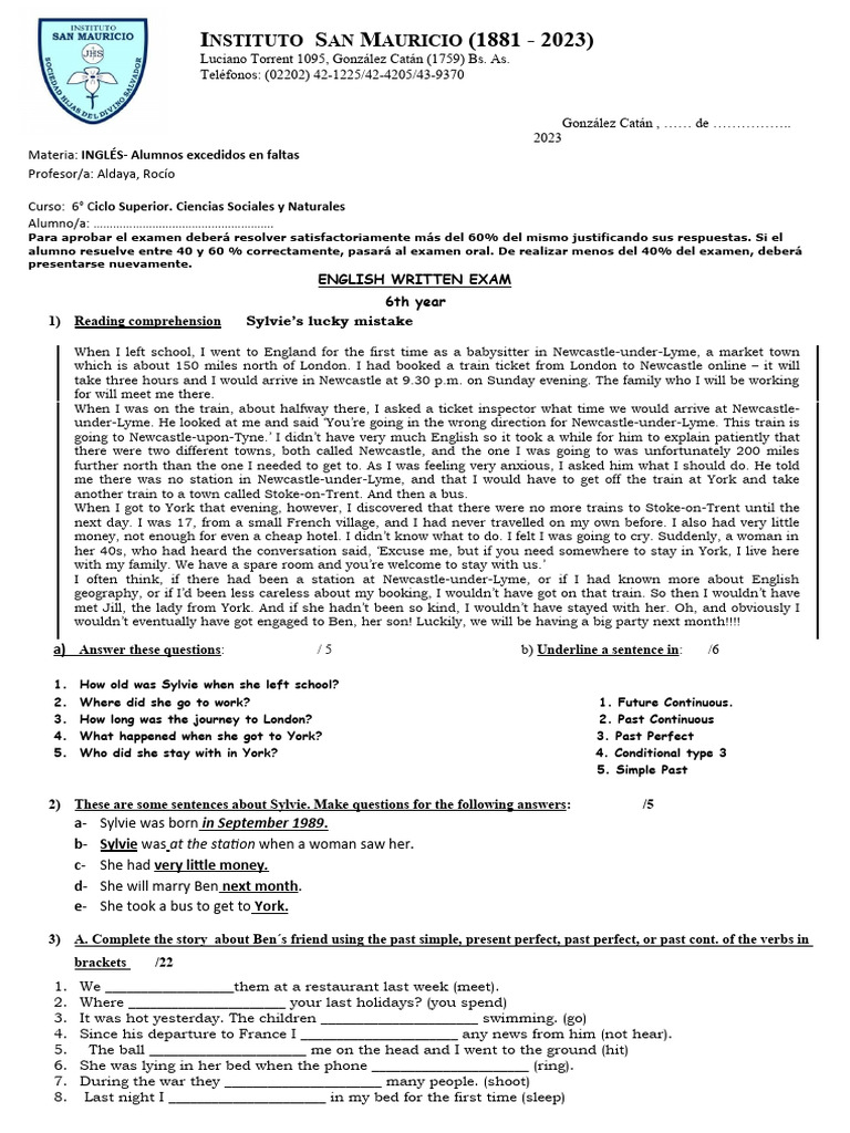 Examen final 6to Año Inglés | PDF | Language Mechanics | Linguistics