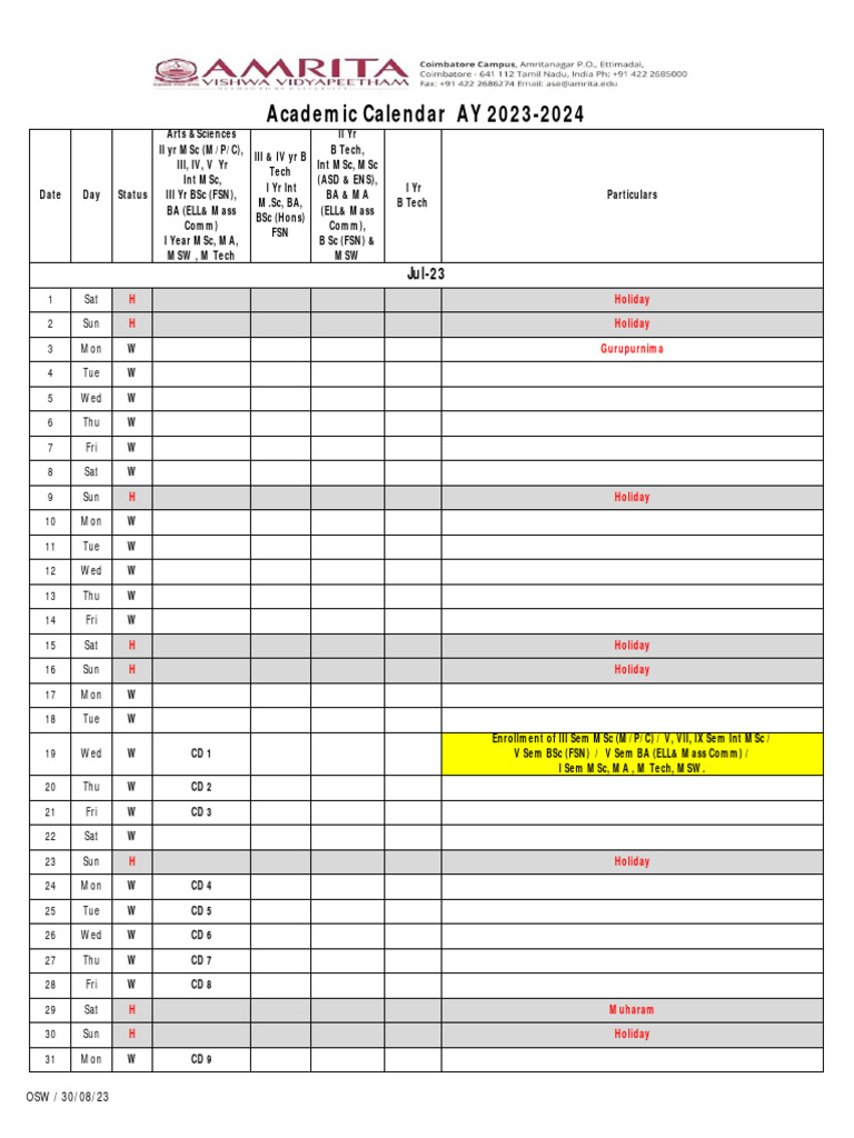 Academic Calender AY 2023 2024 | PDF | Bachelor Of Science | Master Of Science
