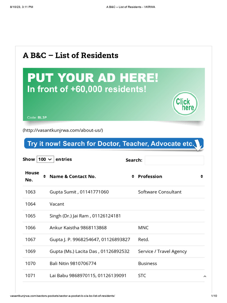 Vasant Vihar Residents Directory A&B&C | PDF