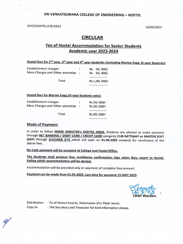 Circular Hostel Fees 2023 24 | PDF