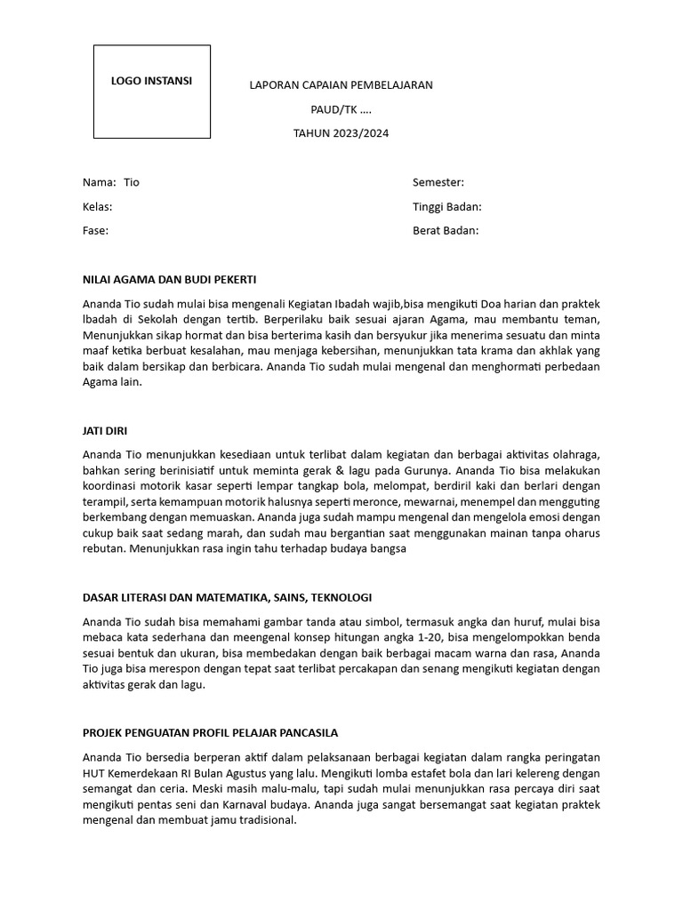 Contoh Narasi Raport Paud | PDF