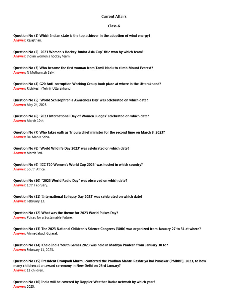 Current Affairs-Class-6 | PDF