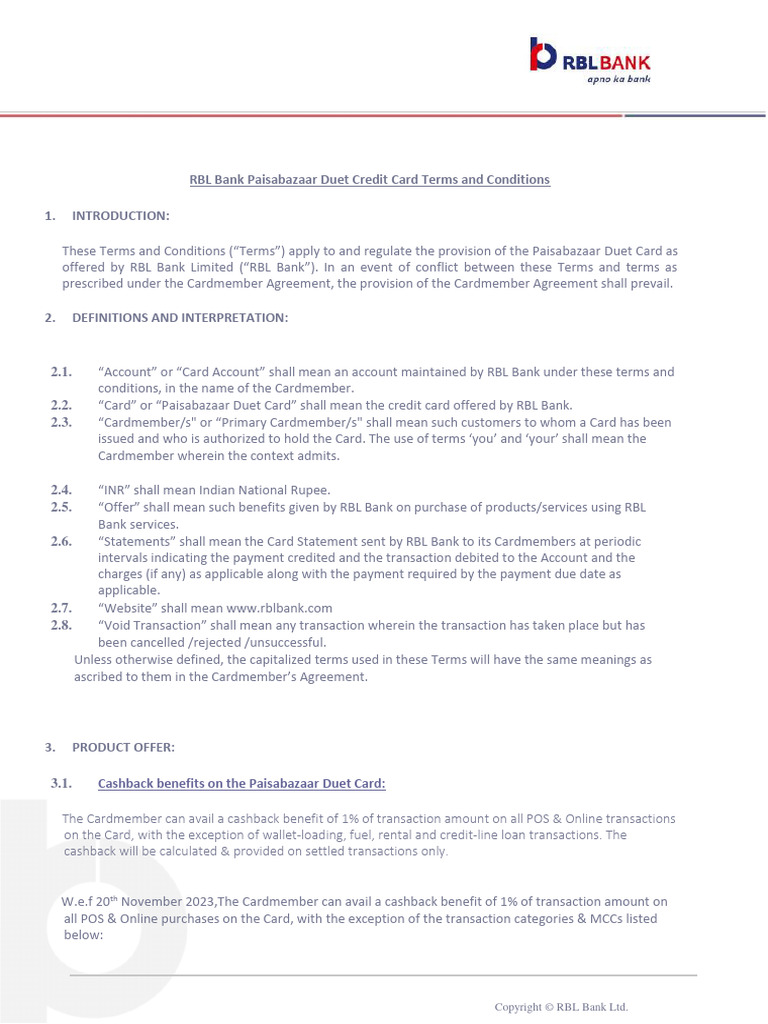 Paisabazaar Duet CC TNC | PDF | Credit Card | Banks