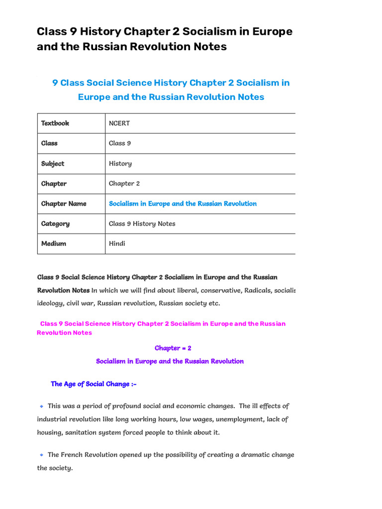 Class 9 History Chapter 2 Socialism in Europe and The Russian ...