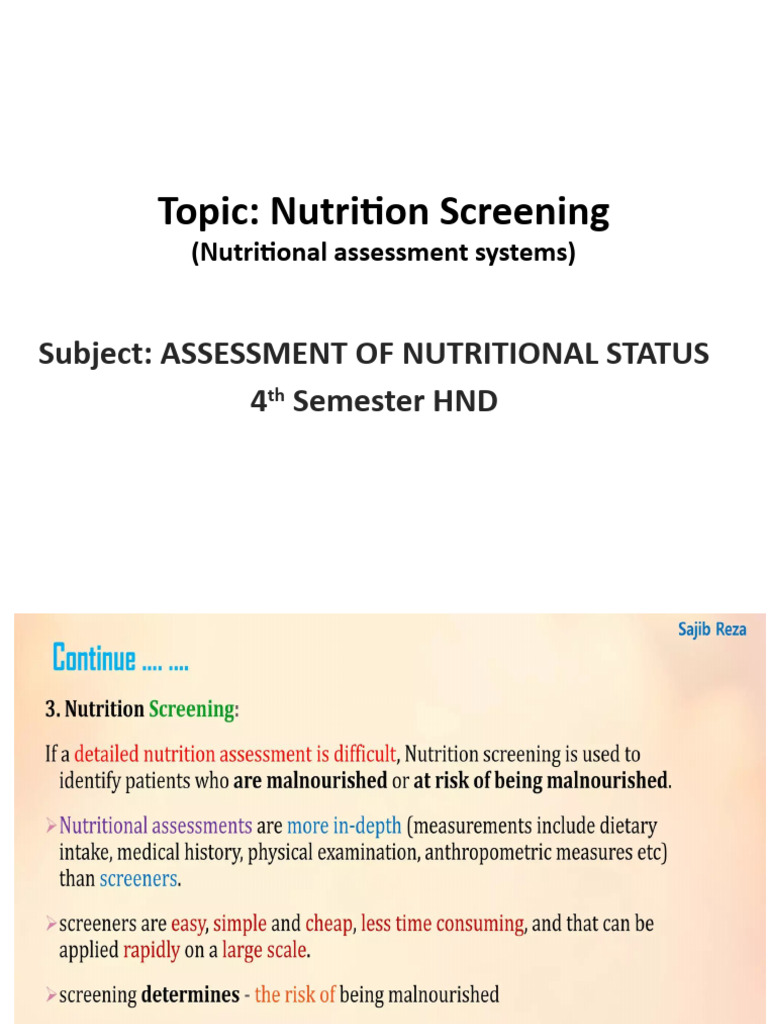 Nutrition Screening Lec 4th Sem | PDF | Screening (Medicine) | Malnutrition