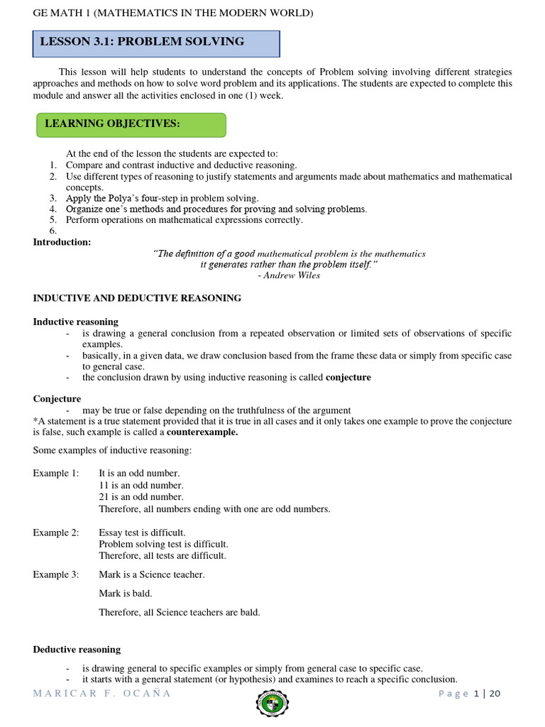 Module-3-Lesson-1 MMW | PDF | Mathematical Proof | Inductive Reasoning