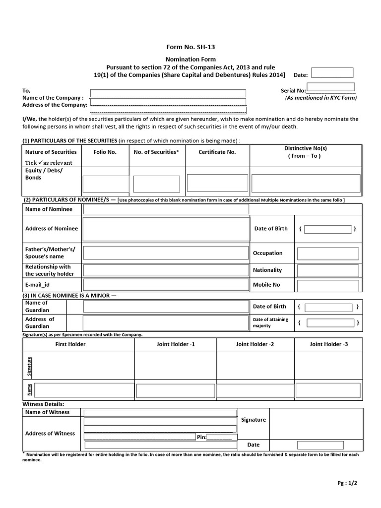 SH-13 - Reg of Nomination | PDF | Securities (Finance) | Power Of Attorney