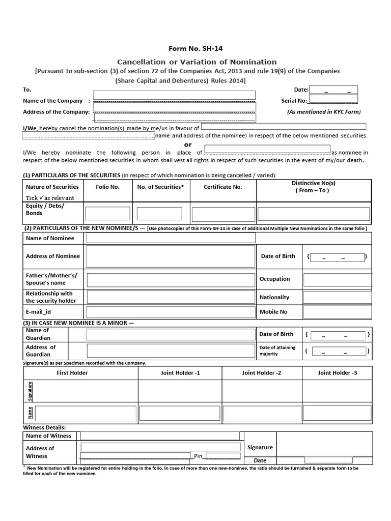 SH-14 Form: Nomination Cancellation Guide | PDF | Securities (Finance ...