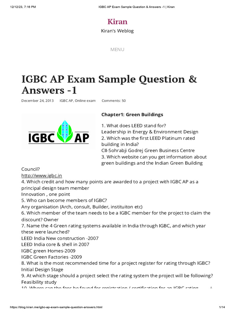 IGBC AP Exam Sample Question & Answers - 1 - Kiran | PDF | Water ...