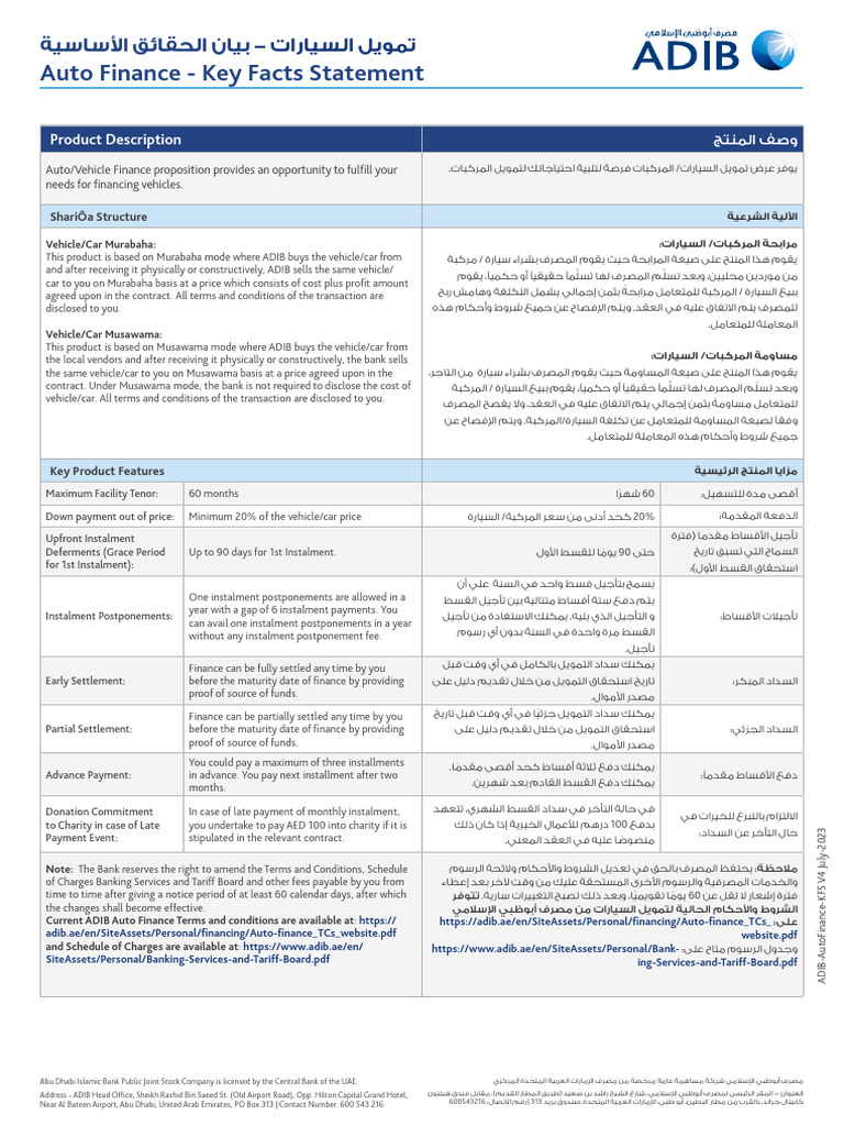 Adib Finance Auto-Finance Kfs | PDF