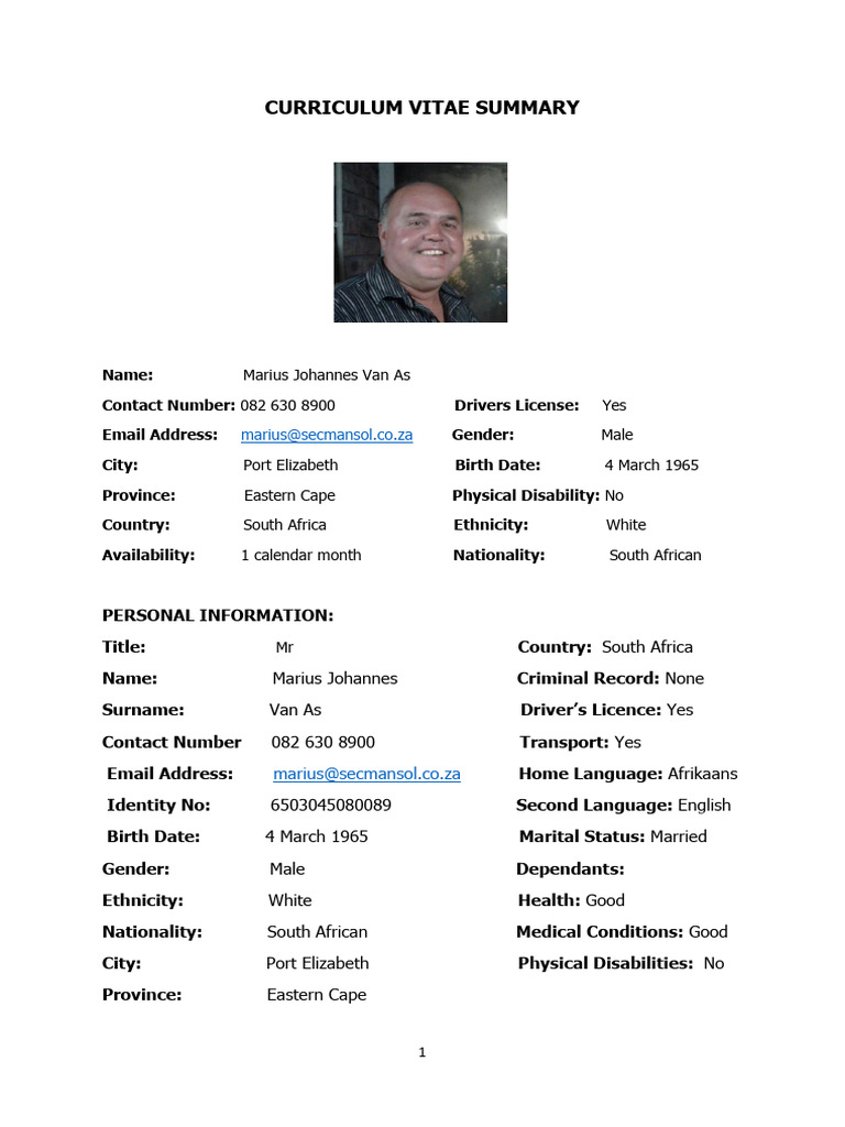 Marius Van As Curriculum Vitae | PDF | Detective | Police