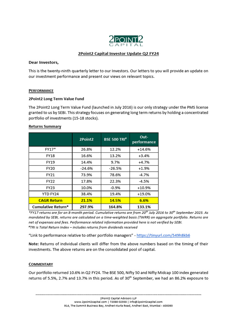2point2 Capital - Investor Update Q2 FY24 | PDF | Stock Market Index ...