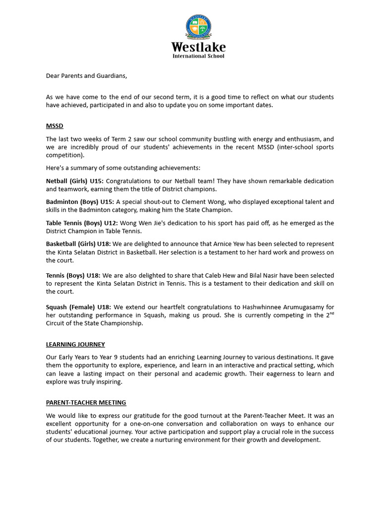 Letter To Parents - End of Term 2 Updates and Achievements | PDF