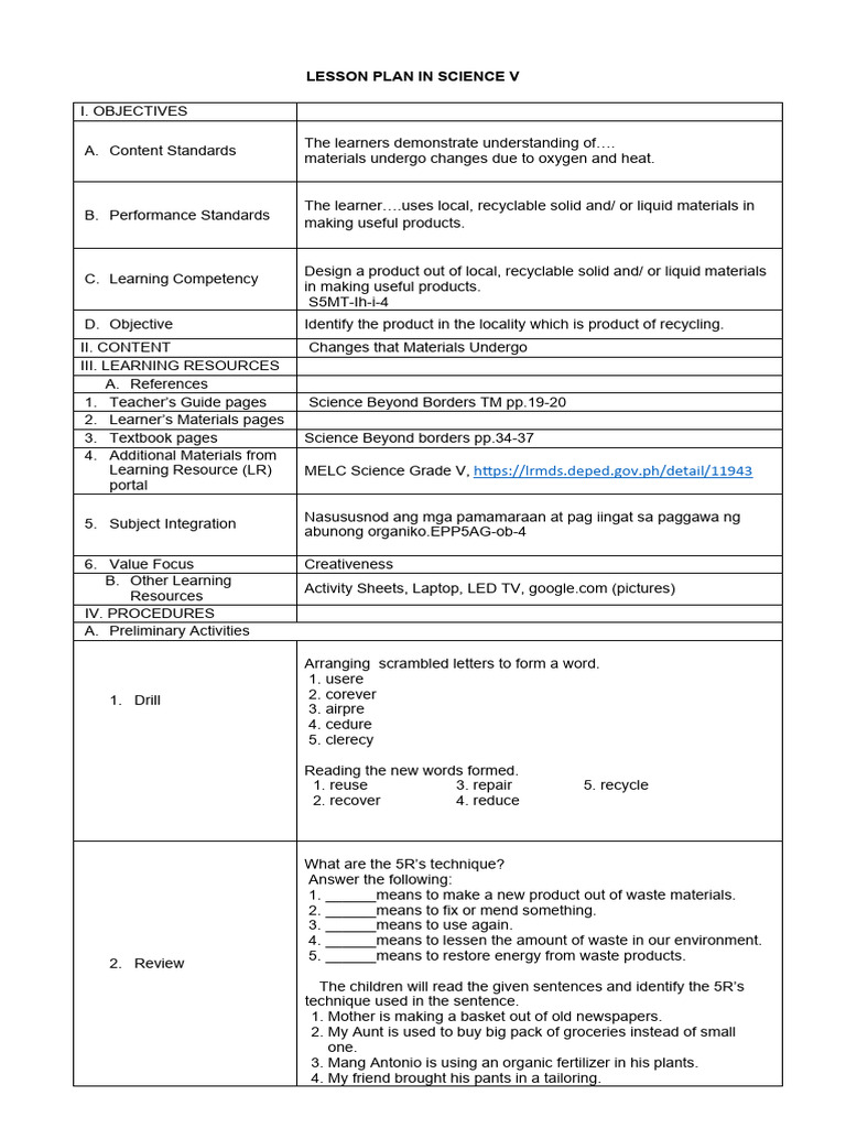 2 LESSON PLAN Formulating Formula Patterns 2 Autosaved | PDF | Recycling | Learning