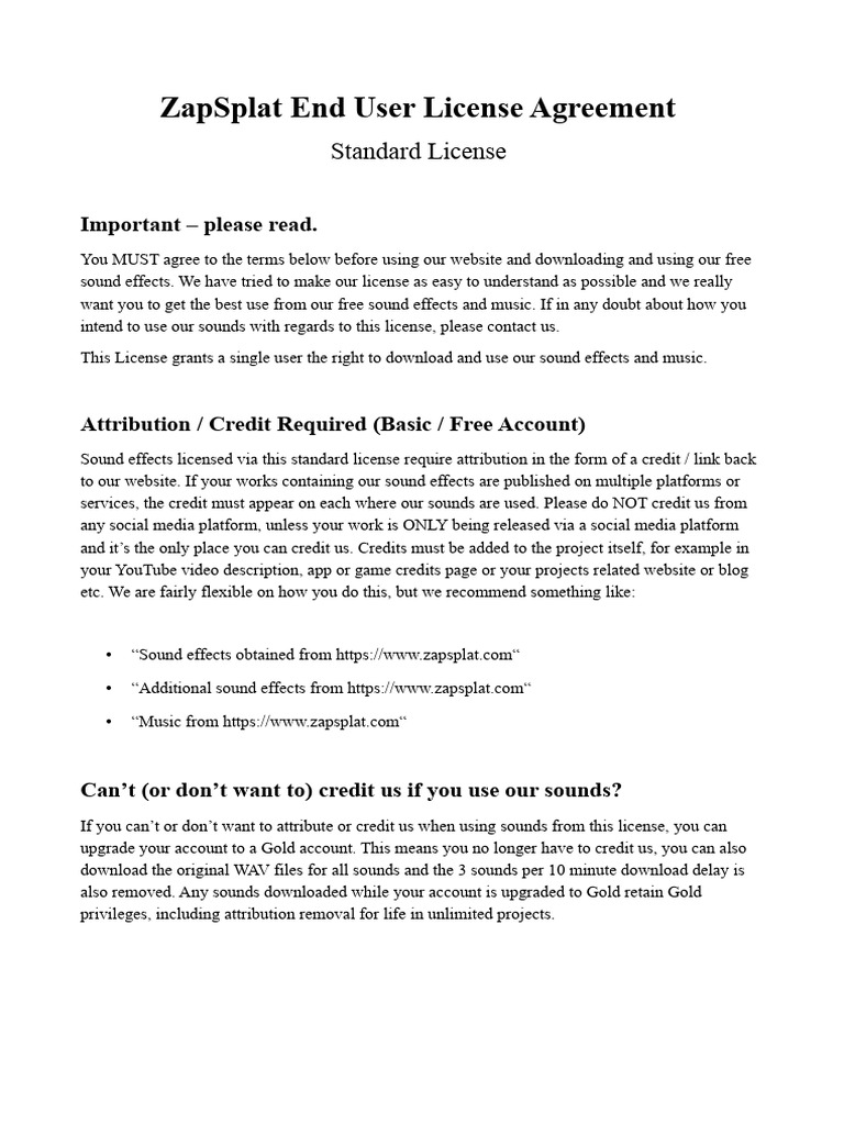 ZapSplat EULA Standard License | PDF | Copyright | License